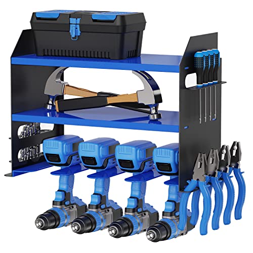 Hemacudy Drill Holder Power Tool Organizer,Drill Storage Rack Wall Mount Drill Holder Garage Tool Organizers and Storage for Garage,Workshop,Holds 4 Drills,Easy Assembly (Blue)