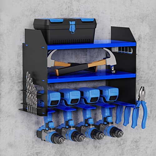 Hemacudy Drill Holder Power Tool Organizer,Drill Storage Rack Wall Mount Drill Holder Garage Tool Organizers and Storage for Garage,Workshop,Holds 4 Drills,Easy Assembly (Blue)