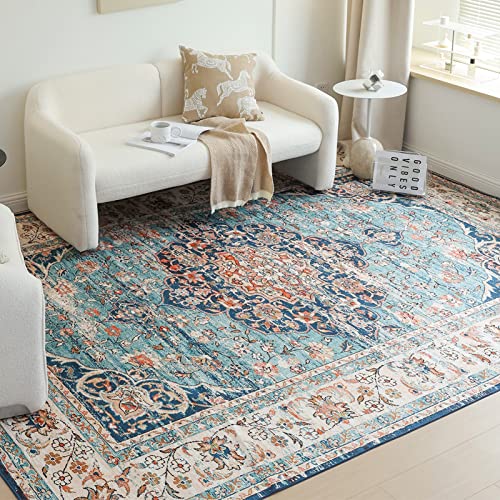 VK VK·LIVING Washable Rug, 5'x7' Stain Resistant Washable Rug, Machine Washable Rug with Non-Slip,Vintage Bohemian Area Rug for Living Room Bedroom Dining Home Office Area Rug (Blue, 5'x7')