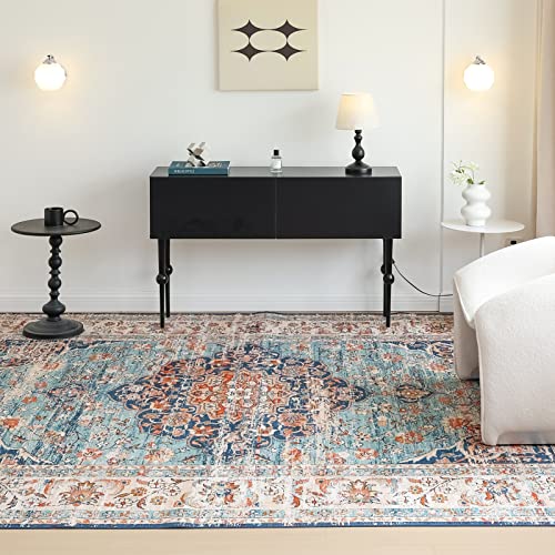 VK VK·LIVING Washable Rug, 5'x7' Stain Resistant Washable Rug, Machine Washable Rug with Non-Slip,Vintage Bohemian Area Rug for Living Room Bedroom Dining Home Office Area Rug (Blue, 5'x7')