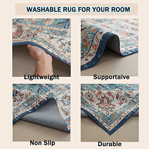 VK VK·LIVING Washable Rug, 5'x7' Stain Resistant Washable Rug, Machine Washable Rug with Non-Slip,Vintage Bohemian Area Rug for Living Room Bedroom Dining Home Office Area Rug (Blue, 5'x7')