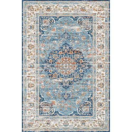 VK VK·LIVING Washable Rug, 5'x7' Stain Resistant Washable Rug, Machine Washable Rug with Non-Slip,Vintage Bohemian Area Rug for Living Room Bedroom Dining Home Office Area Rug (Blue, 5'x7')