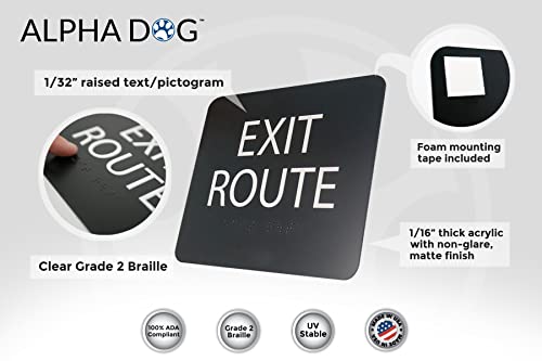 ALPHA DOG Exit Route Sign with Braille - ADA Compliant Tactile Exit Route Sign with Grade 2 Contracted Braille and Raised Text, 5x6 inch, UV Stable for Indoor or Outdoor Use, Made in the USA