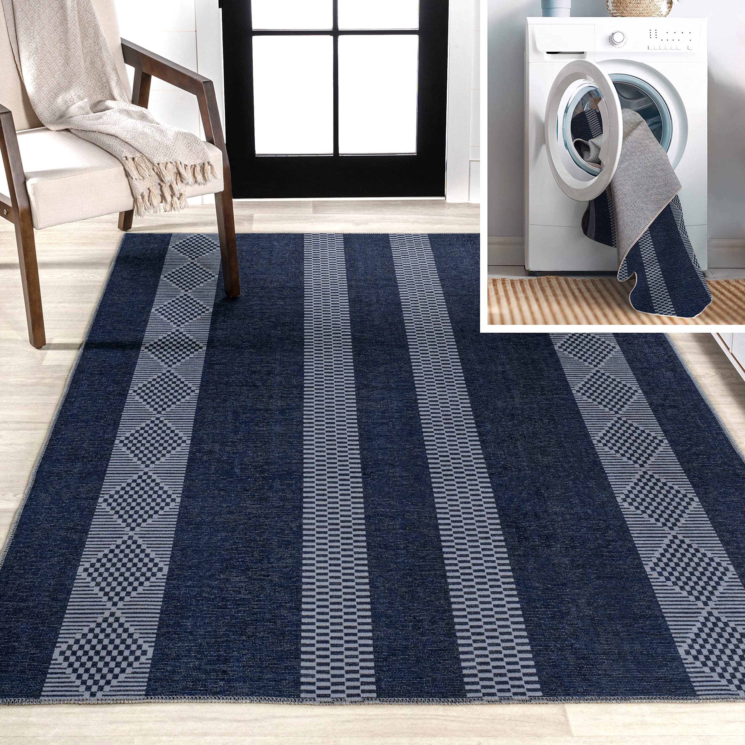 JONATHAN Y WSH120A-4 Nautisk Trellis Stripe Machine-Washable Indoor Area-Rug, Coastal, Modern, Contemporary Easy-Cleaning,Bedroom,Kitchen,Living Room,Non Shedding, Navy/Gray, 4 X 6