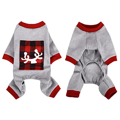 ASENKU Dog Pajamas Jumpsuit, Plaid Dog Pajamas for Small Dogs Pjs Clothes, Puppy Onesies Outfits for Doggie Christmas Shirts Sleeper Suits for Puppies Pet Cats (Grey Deer, XS)