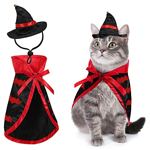 Heureppy Halloween Cat Costume Cloak Witch Hat Accessories Adjustable Bats Pet Clothes Set, Pat for Cats Dogs Animal Carnival Party Supplies