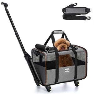 lekesky cat dog carrier with wheels airline approved rolling pet carrier with telescopic handle and shoulder strap, grey