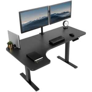 vivo electric dual motor height adjustable 58 x 35 inch stand up desk, black reversible corner table top, black frame, standing workstation with memory controller, desk-kit-e2rb