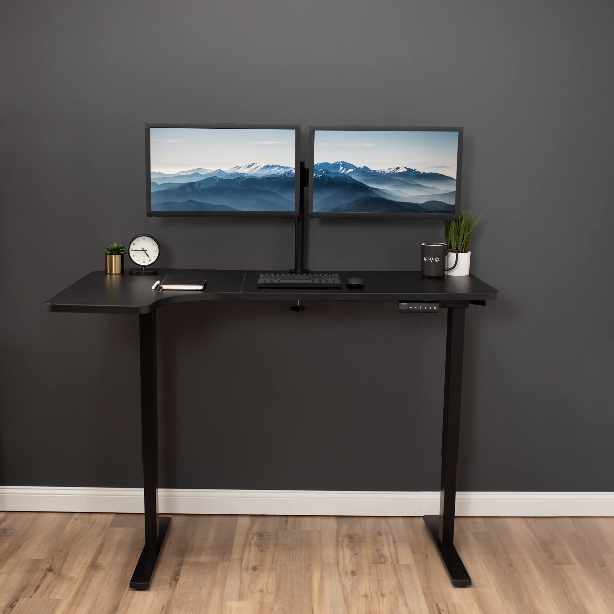 VIVO Electric Dual Motor Height Adjustable 58 x 35 inch Stand Up Desk, Black Reversible Corner Table Top, Black Frame, Standing Workstation with Memory Controller, DESK-KIT-E2RB