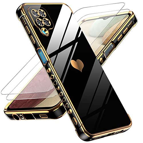 LeYi for Samsung Galaxy A12 Case with Tempered Glass Screen Protector [2 Pcs]+ Full Camera Lens Protection, Love Heart Plating Girly Women Cute Luxury Soft TPU Shockproof Case for Samsung A12, Black