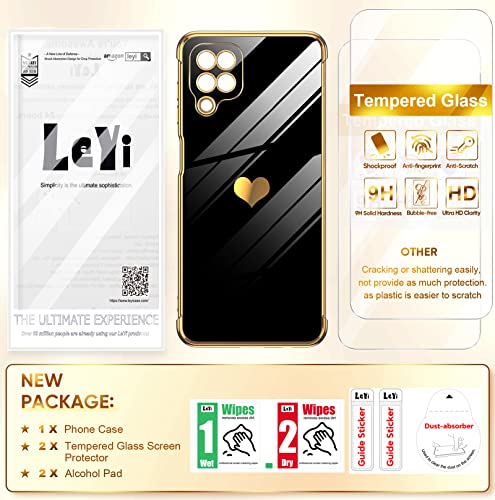 LeYi for Samsung Galaxy A12 Case with Tempered Glass Screen Protector [2 Pcs]+ Full Camera Lens Protection, Love Heart Plating Girly Women Cute Luxury Soft TPU Shockproof Case for Samsung A12, Black