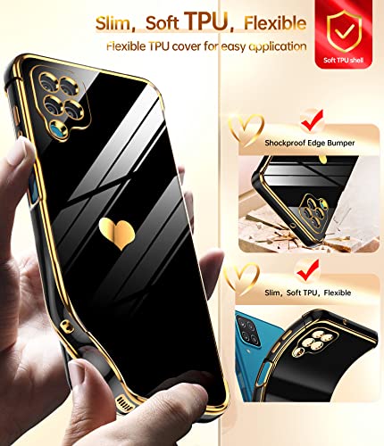 LeYi for Samsung Galaxy A12 Case with Tempered Glass Screen Protector [2 Pcs]+ Full Camera Lens Protection, Love Heart Plating Girly Women Cute Luxury Soft TPU Shockproof Case for Samsung A12, Black