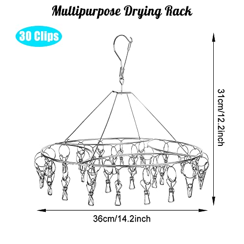 HOSTK Stainless Steel Round Clothes Drying Racks 30 Clips, Square Windproof Laundry Drip Hanger 36 Clips with 10 Replaceable Clips for Socks, Towels, Baby Clothes, Underwear, Hat, Scarf, Gloves