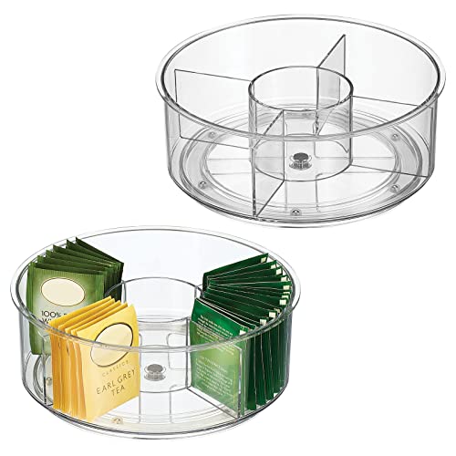 mDesign Lazy Susan Turntable Divided Plastic Spinner for Kitchen Pantry, Fridge, Cupboard, or Counter Organizing, Fully Rotating Organizer for Tea Bags, 9" Round - Lumiere Collection - 2 Pack, Clear