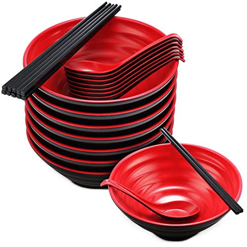 Mimorou 8 Sets Japanese Style Ramen Bowls Melamine Udon Noodle Bowls Red and Black Large Pho Bowls Asian Chinese Soup Bowl Sets