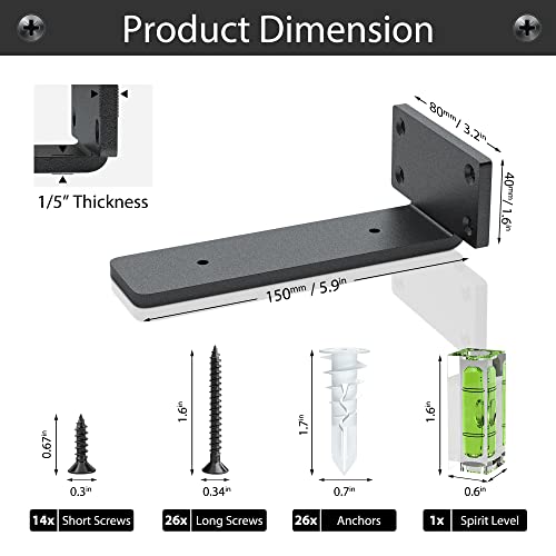 Heavy Duty Shelf Brackets 6 inch (1/5") Thick, 6 Pack Floating Hidden Shelf Brackets, Rustic Industrial Shelf Brackets with Modern Iron Finish