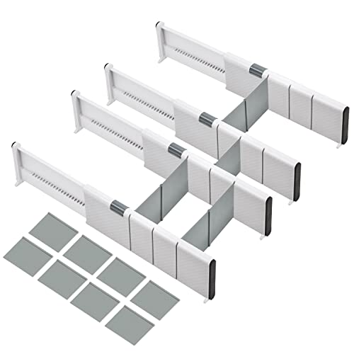 JONYJ Drawer Dividers Organizer 4 Pack, Adjustable Separators with 8 Inserts 4" High Expandable from 11-17" for Bedroom, Bathroom, Closet, Clothing, Office, Kitchen, Strong Secure Hold, White