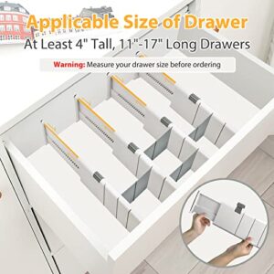 JONYJ Drawer Dividers Organizer 4 Pack, Adjustable Separators with 8 Inserts 4" High Expandable from 11-17" for Bedroom, Bathroom, Closet, Clothing, Office, Kitchen, Strong Secure Hold, White