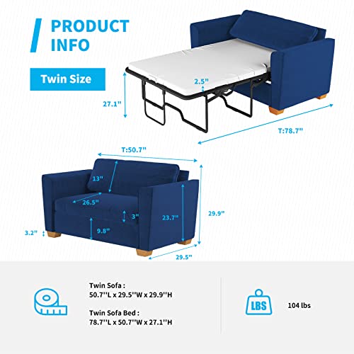 Mjkone Pull Out Sofa Bed, Sleeper Sofa Bed with Memory Mattress, 2-in-1 Pull Out Couch Bed Suitable for Friends to Stay Temporarily, Single Sofa Couch for Apartment/Small Spaces (Single,Blue)