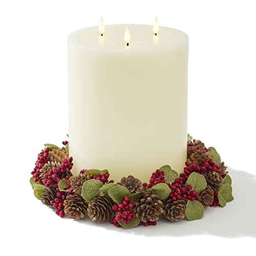 Large Candle Rings Wreaths Candle Ring, Fits 6 in Pillar Candles, Small Wreath with Red Berry, 11 Inch Farmhouse Wreath with 6 Inch Center, Fall Wreaths Indoor 3 Wick Candle Decor