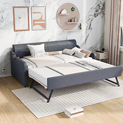 Harper & Bright Designs Twin Size Upholstery Daybed with Adjustable Trundle and USB Charging Design, Wooden Twin Daybed with Pop Up Trundle, No Spring Box Needed, Gray