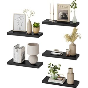 wopitues black floating shelves for wall, 5 sets black wall shelves for bathroom with invisible brackets, black shelves for wall decor, modern black shelf for bedroom, living room, cat shelves – black