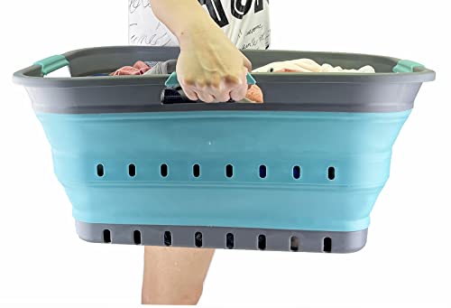 SAMMART 42L (11 gallon) Set of 2 Collapsible Plastic Laundry Basket - Foldable Pop Up Storage Container/Organizer - Portable Basket - Space Saving Hamper/Basket (Alloy Grey + Crystal Blue)