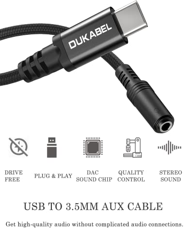 DUKABEL Type C to Aux Adapter, USB-C to Audio Jack with Upgraded DAC Chip for Samsung Galaxy S22 S21 S20 Ultra S20+ Note 20 Google Pixel 6 Pro/5/4/3/2 OnePlus 7T and More