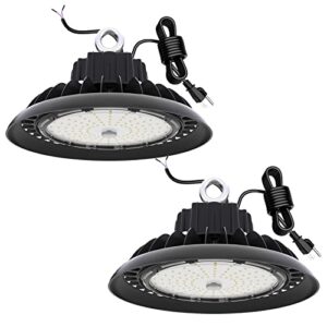 ufo led high bay lights 100w 15000lm 0-10v dimmable ac100-277v 5000k etl listed high bay led lights with 5' cable ring hook safe rope for warehouse factory workshop barn garge 2 packs