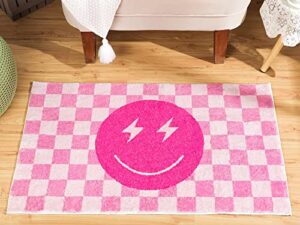 pink smile face rug preppy buffalo check plaid contemporary funny rug checkered carpet preppy room decor reversible rug for living room bedroom dormitory front porch hallway farmhouse, 1.97 x 3.28 ft