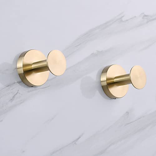 Bathroom Towel Hooks, NEWRAIN 2 Pack Towel Holder for Bathroom Wall, Cabinet Closet Door, Kitchen, Bedroom, Hotel - Modern Design Effortless Mounting Towel Hangers, Robe Hook Brushed Gold