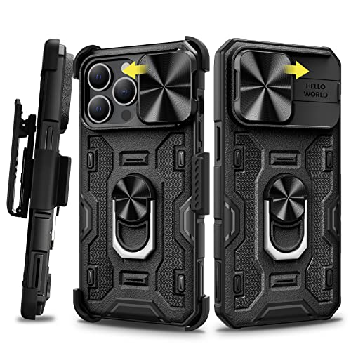 Caka for iPhone 14 Pro Max Phone Case with Stand & Slide Camera Cover & Belt Clip Holster, Built-in 360° Rotate Ring Holder Magnetic Protective Phone Case for iPhone 14 Pro Max 2022 - Black