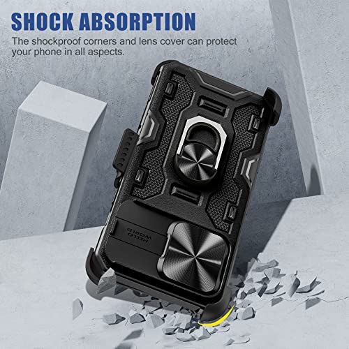 Caka for iPhone 14 Pro Max Phone Case with Stand & Slide Camera Cover & Belt Clip Holster, Built-in 360° Rotate Ring Holder Magnetic Protective Phone Case for iPhone 14 Pro Max 2022 - Black