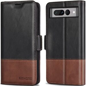 kezihome google pixel 7 pro case, google pixel 7 pro wallet case [rfid blocking] genuine leather with card slots stand flip magnetic closure cover for google pixel 7 pro 5g (2022) (black/brown)