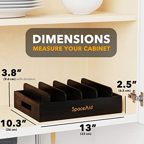 SpaceAid Bamboo Lid Organizer, Kitchen Pantry Lid Holder with 5 Adjustable Dividers for Cabinets, Food Storage Container Organizer for Plastic Lids, Includes Blank Writable Labels (Black)