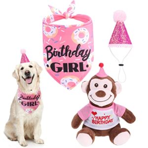 expawlorer dog birthday bandana set - cute hat and squeaky monkey toy for birthday party supplies gift - great for small medium large dogs