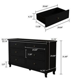 ECACAD Modern Storage Dresser with 6 Drawers, Wood Double Dresser Chest of Drawers with Gold Handles for Bedroom, Living Room, Black (55.11”W x 15.74”D x 31.49”H)