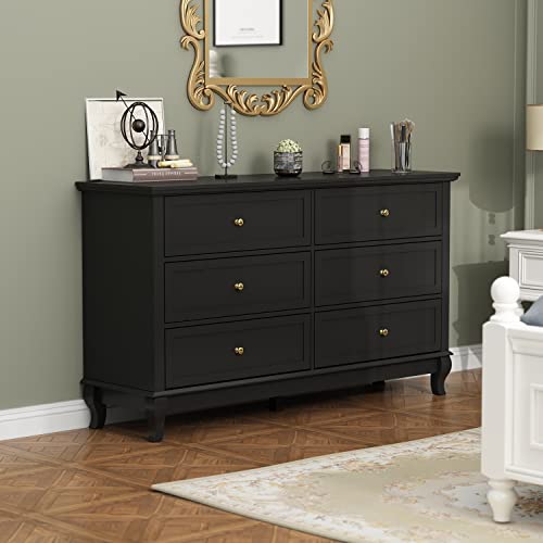 ECACAD Modern Storage Dresser with 6 Drawers, Wood Double Dresser Chest of Drawers with Gold Handles for Bedroom, Living Room, Black (55.11”W x 15.74”D x 31.49”H)