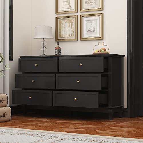 ECACAD Modern Storage Dresser with 6 Drawers, Wood Double Dresser Chest of Drawers with Gold Handles for Bedroom, Living Room, Black (55.11”W x 15.74”D x 31.49”H)