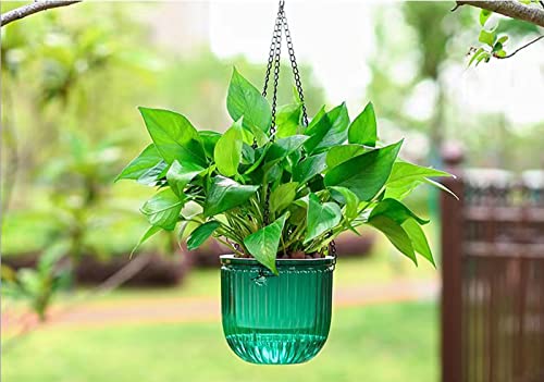 Melphoe 2 Pack Self Watering Hanging Planters Indoor Flower Pots, 6.5 Inch Outdoor Hanging Basket, Plant Hanger with 3Hooks Drainage Holes for Garden Home (Emerald)