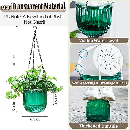 Melphoe 2 Pack Self Watering Hanging Planters Indoor Flower Pots, 6.5 Inch Outdoor Hanging Basket, Plant Hanger with 3Hooks Drainage Holes for Garden Home (Emerald)