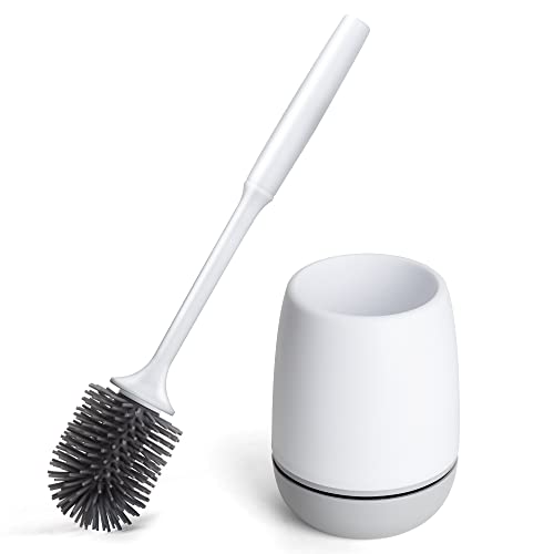 Macood Toilet Brush Holder Set for Bathroom Toilet Cleaning, Compact Toilet Bowl Cleaner Brush Set with White No-Slip Plastic Handle and Grey Silicone Bristles Scrubber, Floor Standing