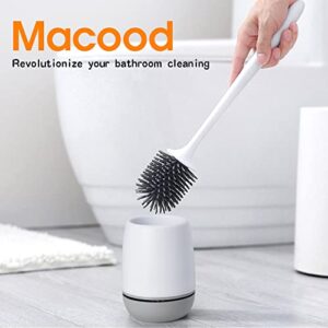 Macood Toilet Brush Holder Set for Bathroom Toilet Cleaning, Compact Toilet Bowl Cleaner Brush Set with White No-Slip Plastic Handle and Grey Silicone Bristles Scrubber, Floor Standing