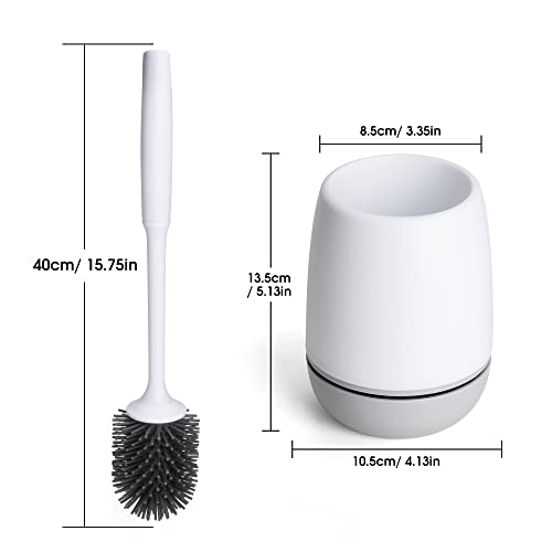 Macood Toilet Brush Holder Set for Bathroom Toilet Cleaning, Compact Toilet Bowl Cleaner Brush Set with White No-Slip Plastic Handle and Grey Silicone Bristles Scrubber, Floor Standing