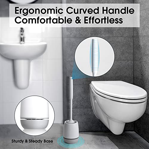 Macood Toilet Brush Holder Set for Bathroom Toilet Cleaning, Compact Toilet Bowl Cleaner Brush Set with White No-Slip Plastic Handle and Grey Silicone Bristles Scrubber, Floor Standing