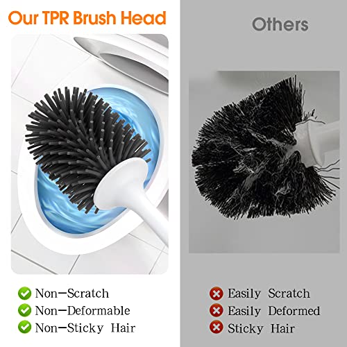 Macood Toilet Brush Holder Set for Bathroom Toilet Cleaning, Compact Toilet Bowl Cleaner Brush Set with White No-Slip Plastic Handle and Grey Silicone Bristles Scrubber, Floor Standing