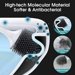 Macood Toilet Brush Holder Set for Bathroom Toilet Cleaning, Compact Toilet Bowl Cleaner Brush Set with White No-Slip Plastic Handle and Grey Silicone Bristles Scrubber, Floor Standing