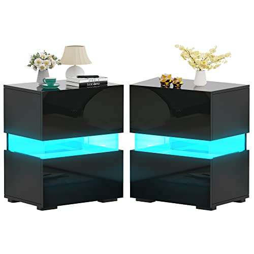 SUPERJARE LED Nightstands Set of 2, 23.7''H LED Night Stands, High Gloss Drawers, Bed Side Tables with LED Lights, Remote, Tall Modern Nightstands, Night End Tables, for Bedroom - Black