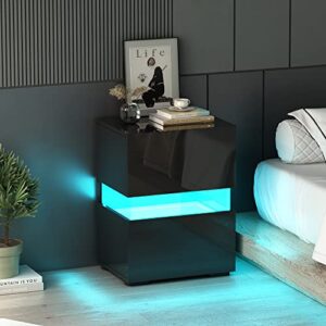 SUPERJARE LED Nightstands Set of 2, 23.7''H LED Night Stands, High Gloss Drawers, Bed Side Tables with LED Lights, Remote, Tall Modern Nightstands, Night End Tables, for Bedroom - Black