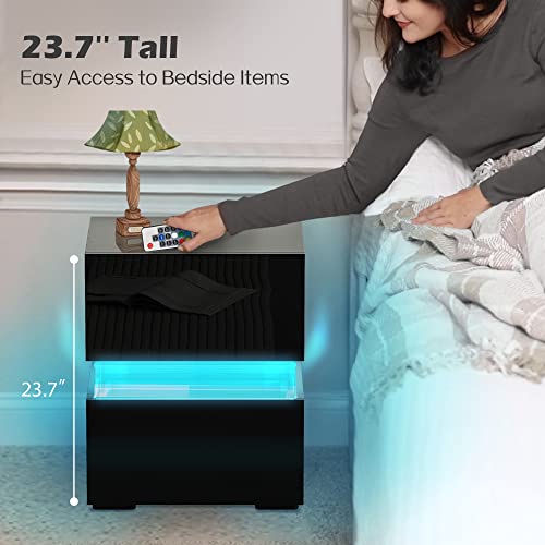 SUPERJARE LED Nightstands Set of 2, 23.7''H LED Night Stands, High Gloss Drawers, Bed Side Tables with LED Lights, Remote, Tall Modern Nightstands, Night End Tables, for Bedroom - Black